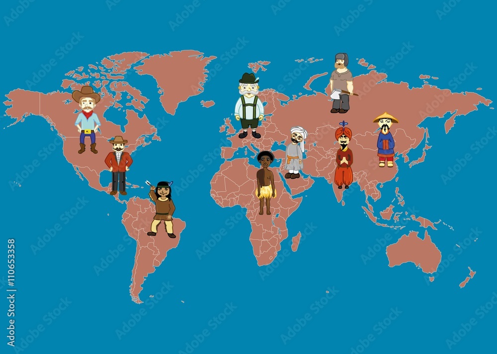 World Map and people in traditional costumes. World nations: american ...