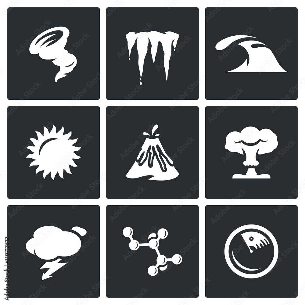 Vector Set of Cataclysm Icons. Tornado, Frost, Tsunami, Drought ...