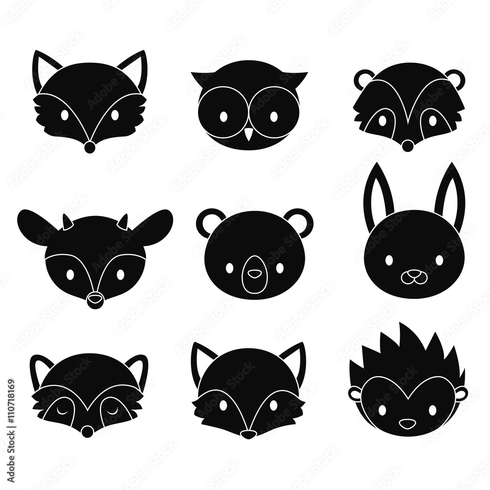 Set of cartoon woodland animals heads. Vector silhouettes isolated on ...