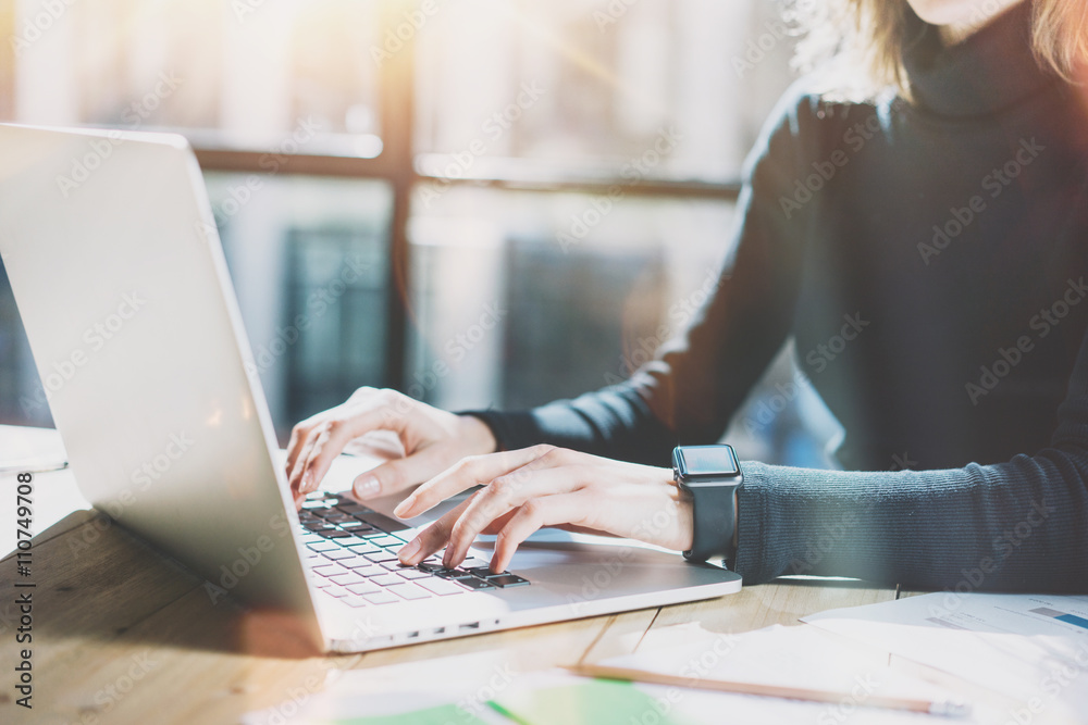 Work Process in Modern Office. Young Account Manager Working at Wood ...
