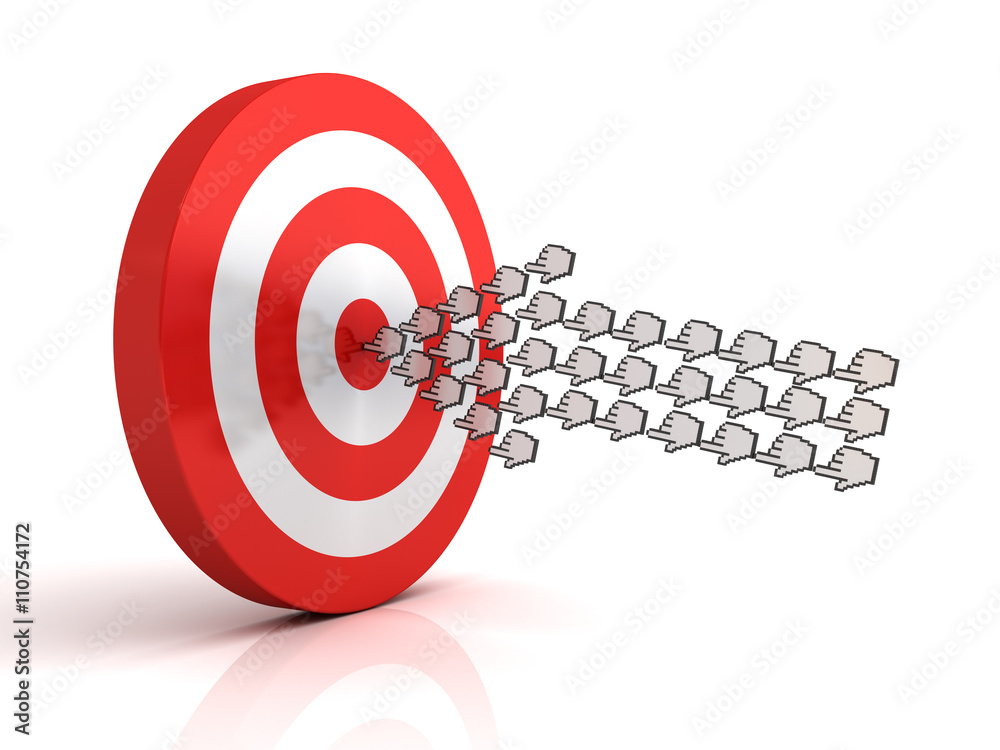 Group of hand cursors forming arrow hitting the center of target or ...
