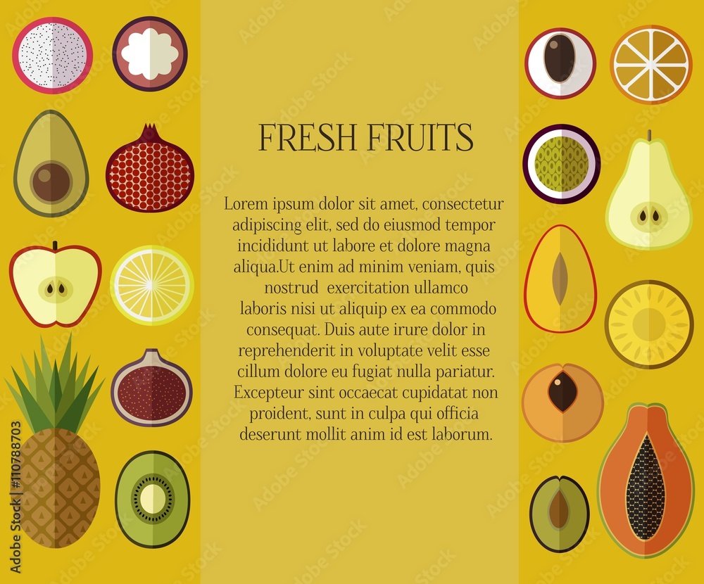 Vector concept with Fresh Fruits. Made in Flat style. Avocado, Apple ...