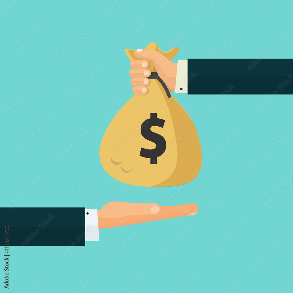 Hand giving money bag to another hand pay, person salary payment ...