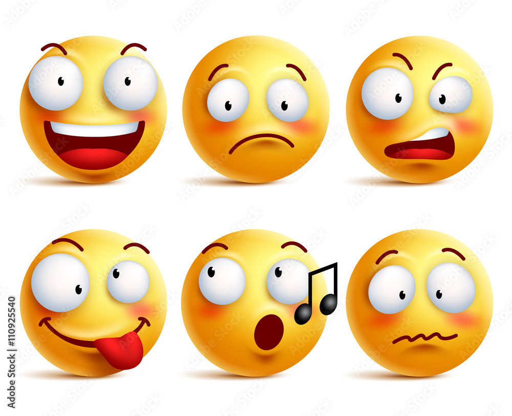 Smiley face icons or emoticons with set of different facial expressions ...