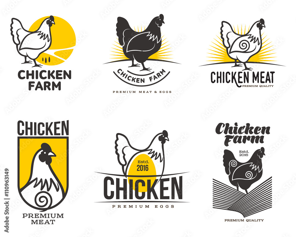 set of logos with chicken, vector illustration, isolated on a white ...
