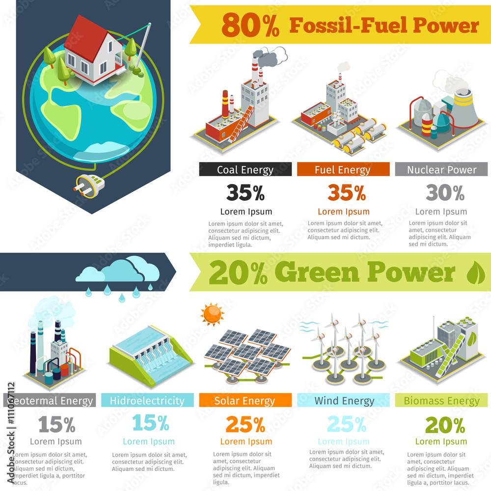Fossil-fuel power and renewable energy generation infographics Stock ...