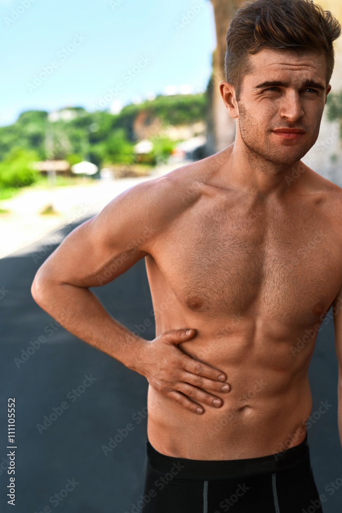 Stomach Ache. Closeup Portrait Of Athletic Man With Fit Muscular Body ...