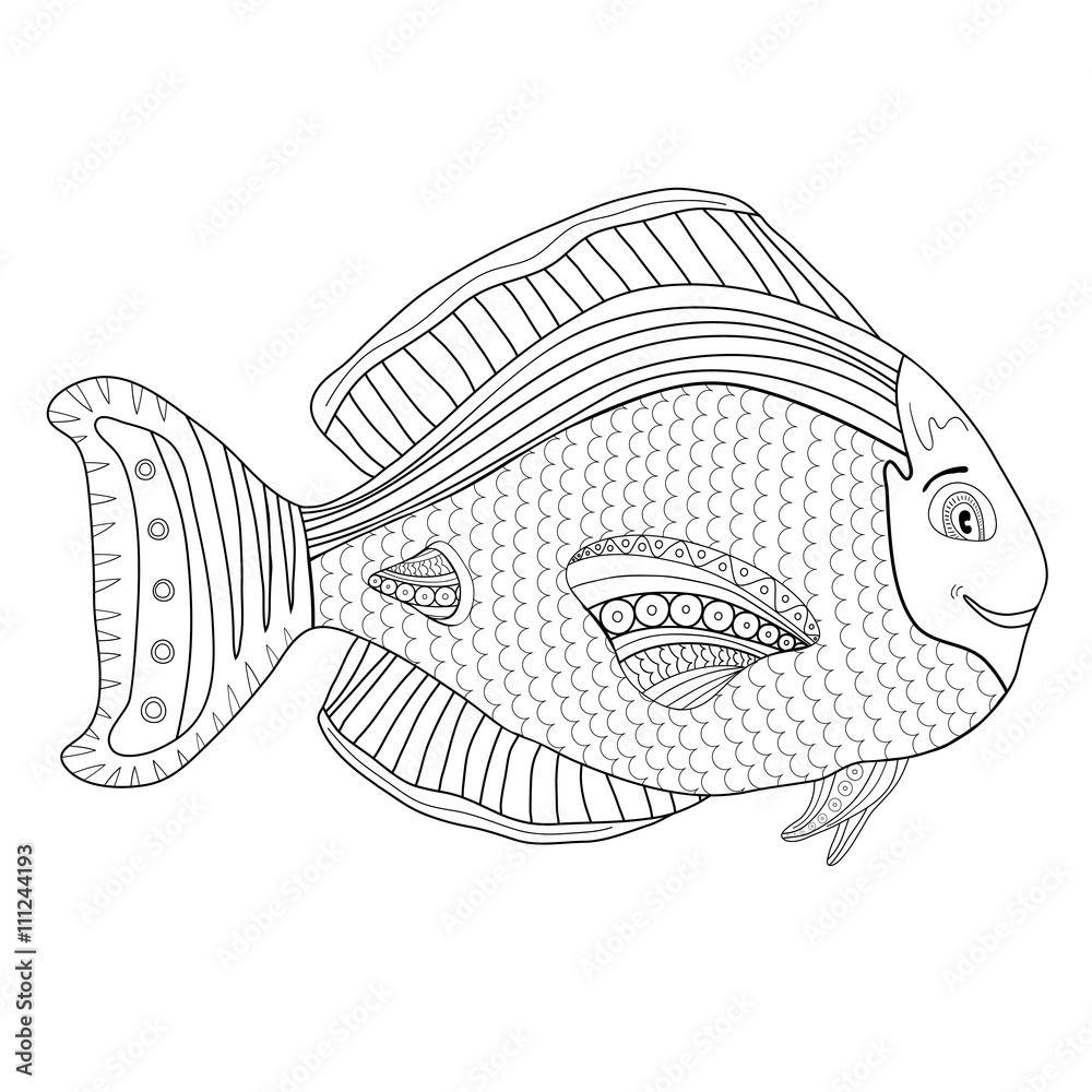 Adult coloring book page. Kids coloring page with fish character. Kids ...