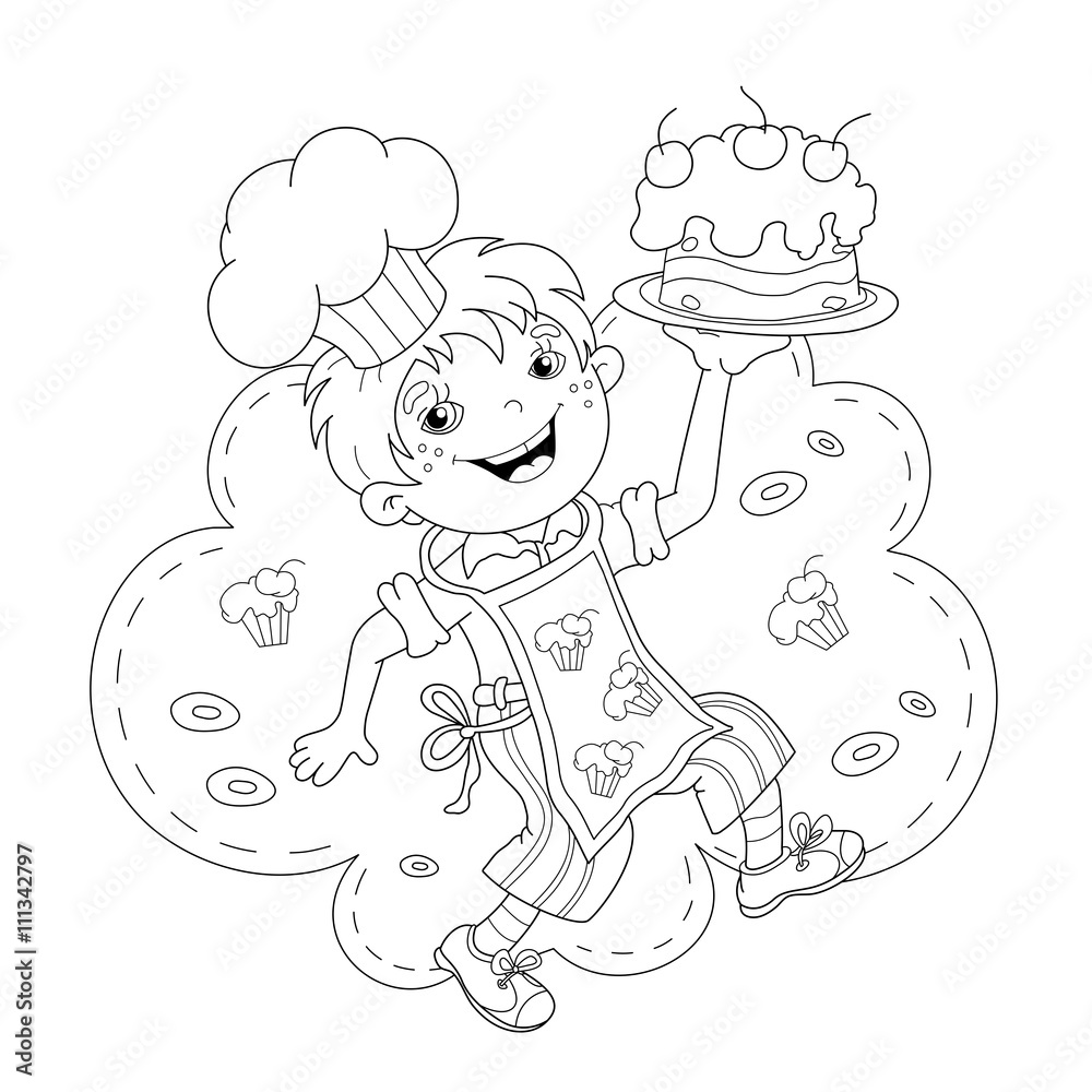Coloring Page Outline Of cartoon Boy chef with cake Stock Vector ...