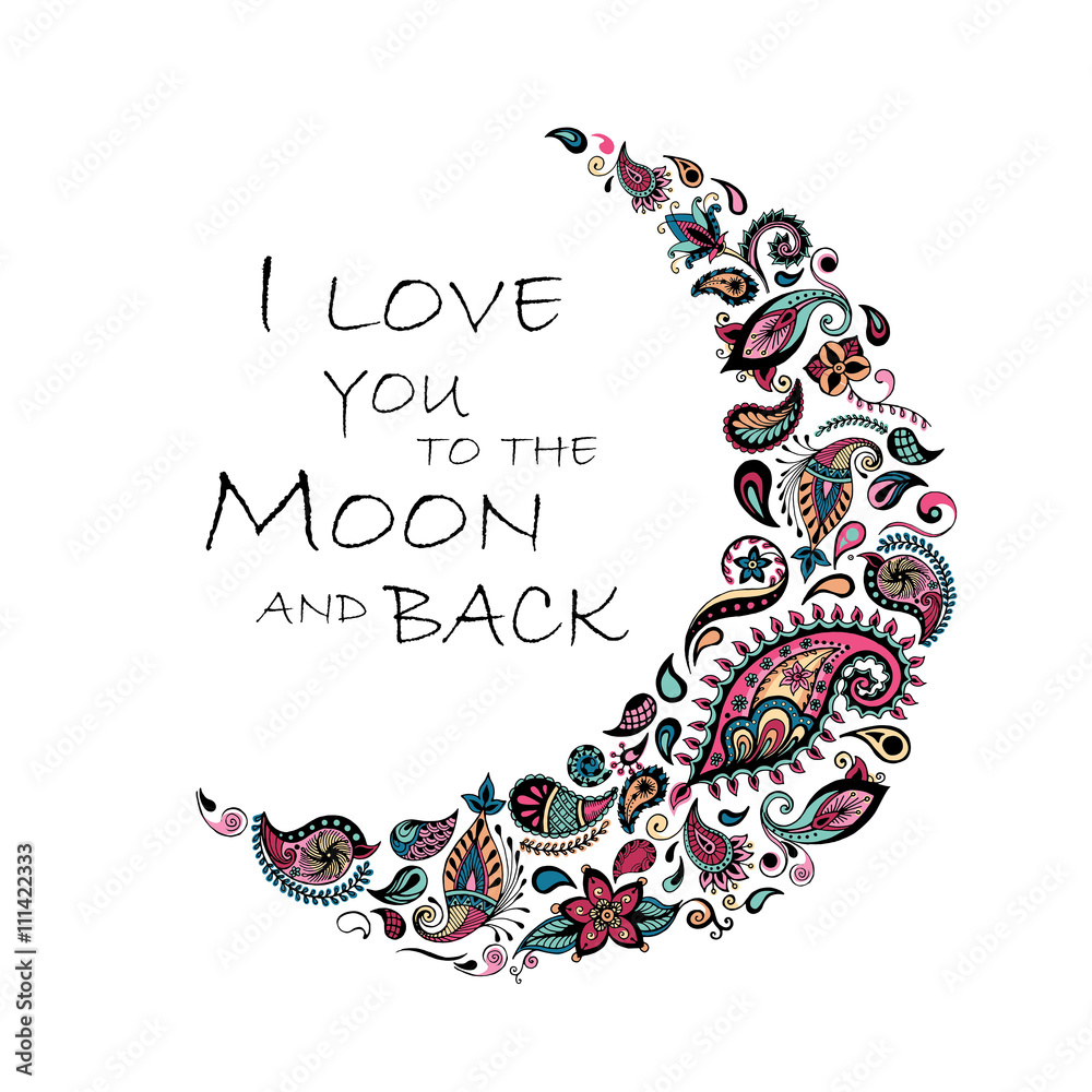 Hand drawn moon with flowers, mandalas and paisley. Floral pattern ...