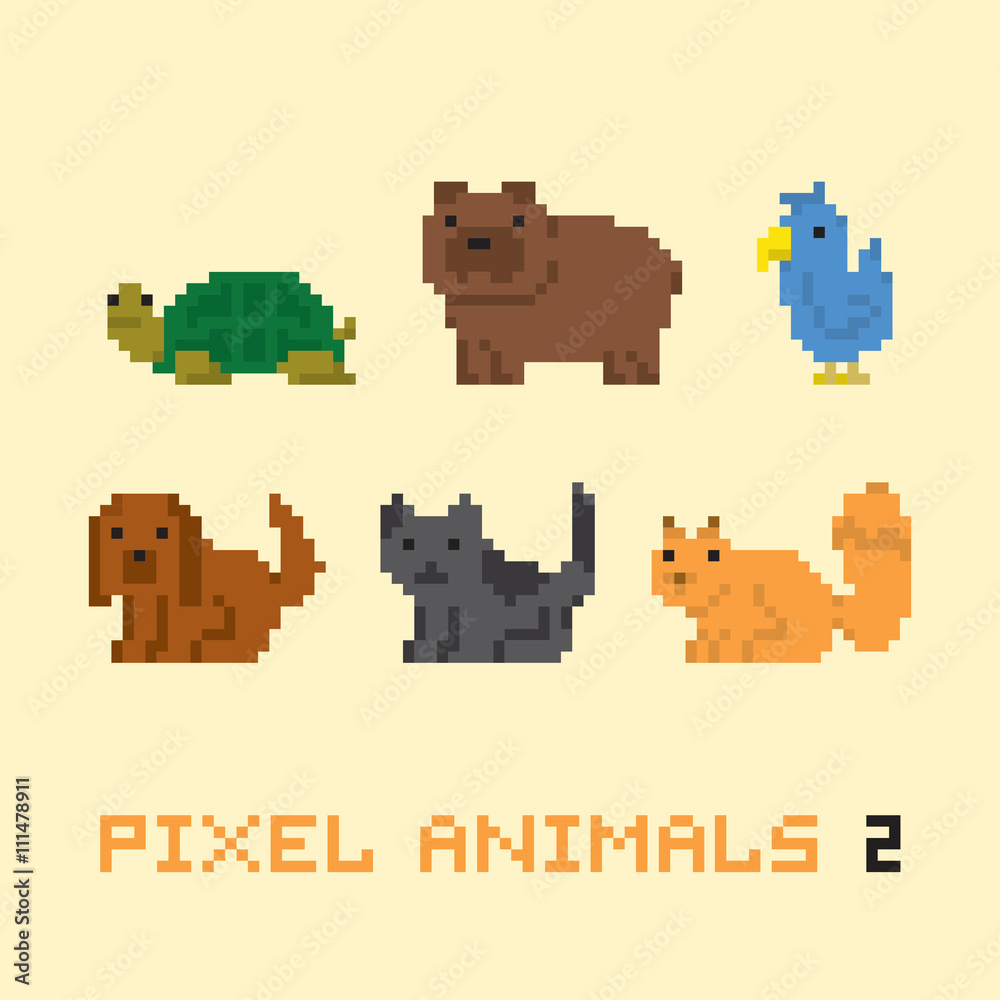 Pixel art style animals cartoon vector set 2 Stock Vector | Adobe Stock
