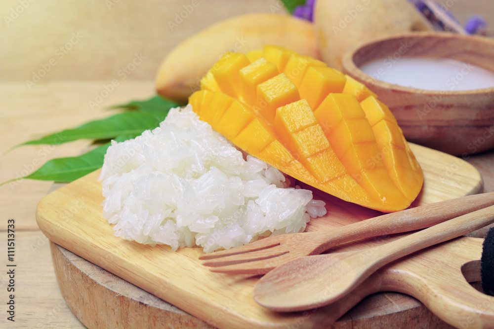 mango with sticky rice on wooden tray. thai dessert made from mango ...