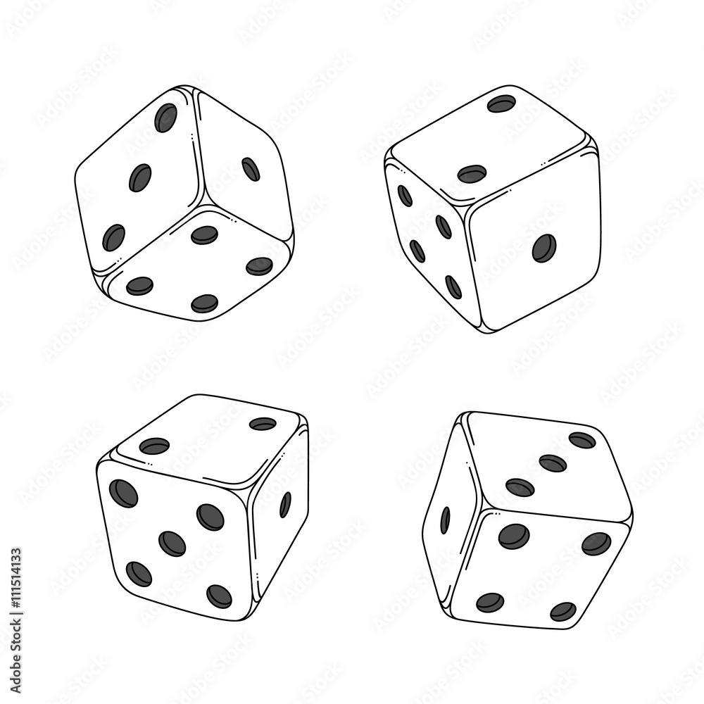 Four white cartoon-style dice cubes Stock Vector | Adobe Stock