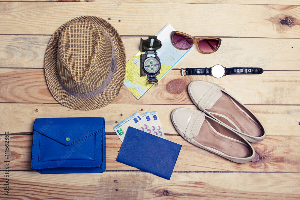 Accessories for travel. Passport, photo camera and travel map. Top view ...