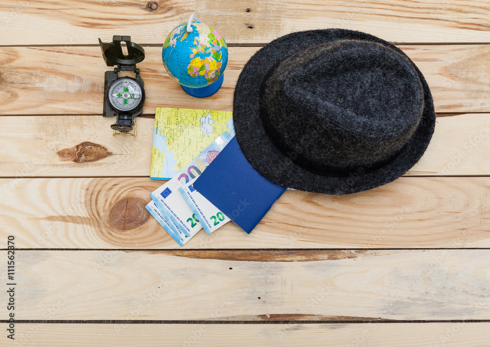 Accessories for travel. Passport, photo camera and travel map. Top view ...