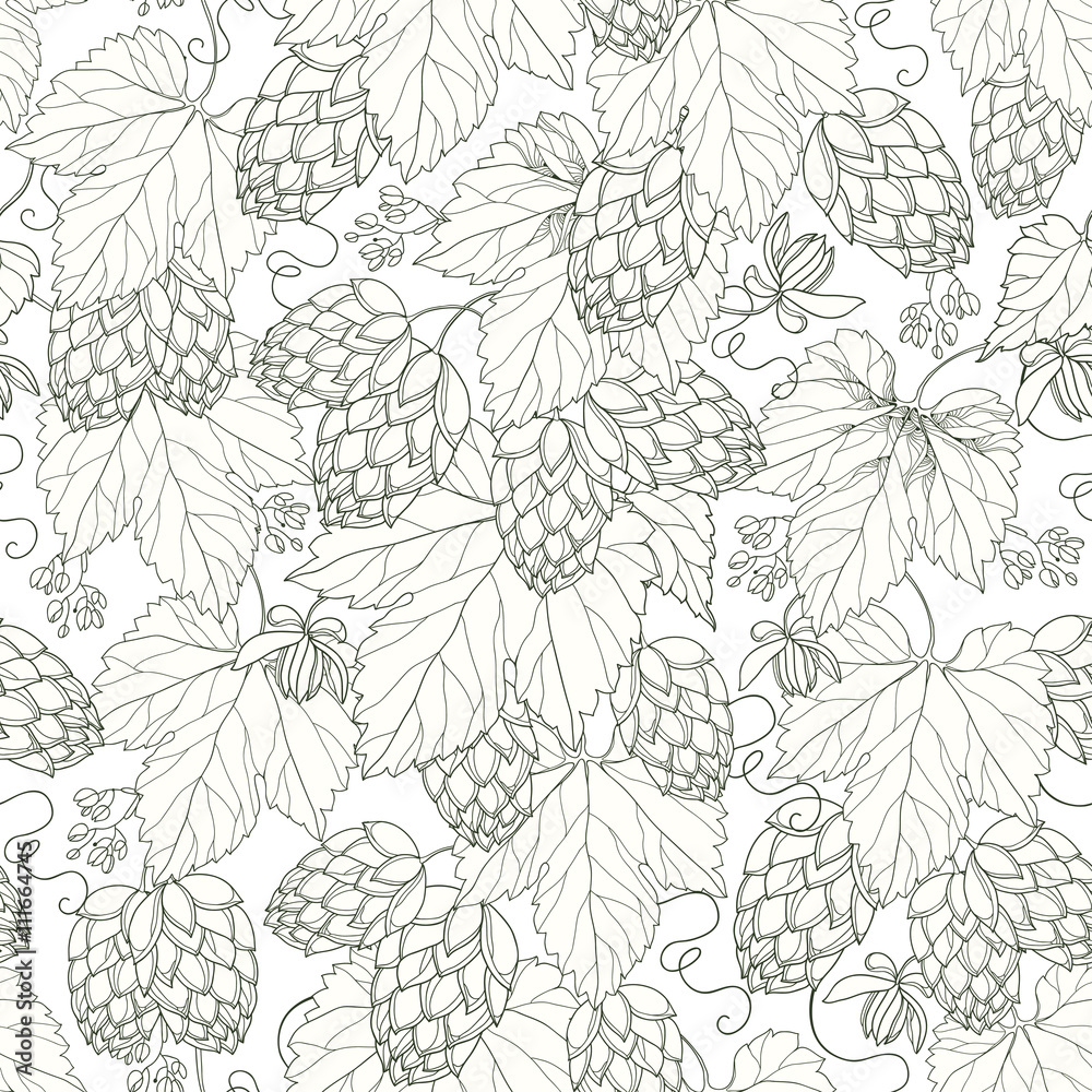 Vector seamless pattern with ornate Hops with leaves in black on the ...