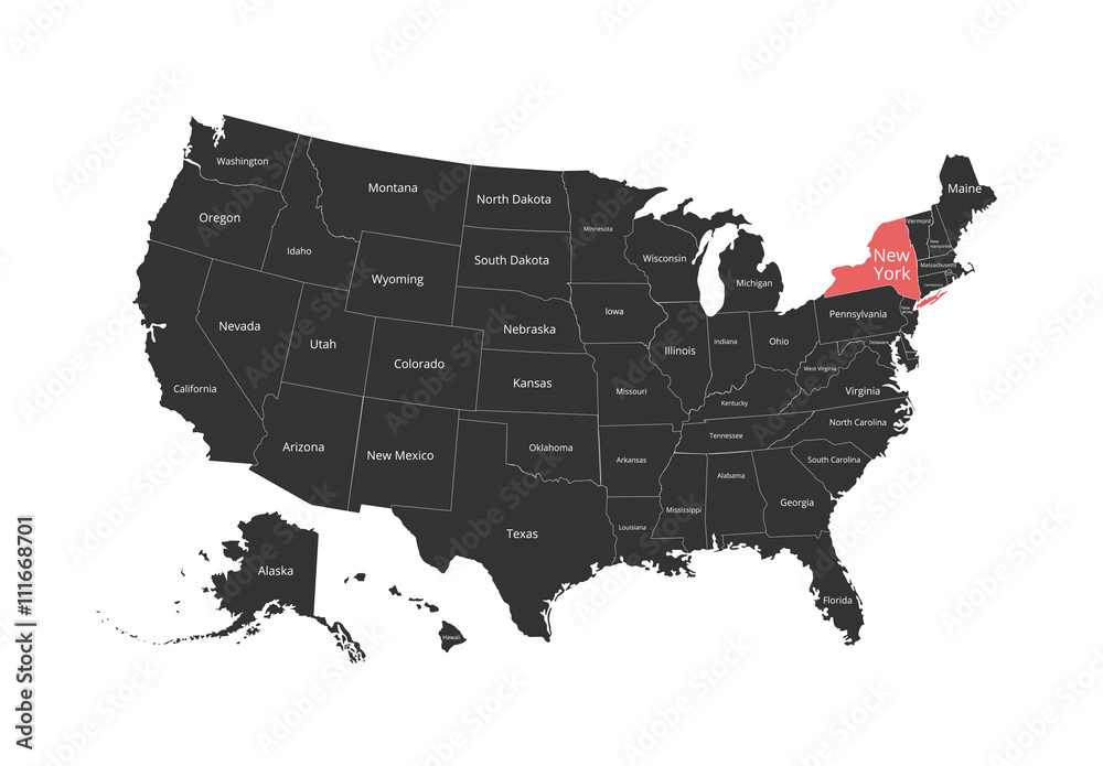 Map of the USA. Image with clipping path and name of states. State mark ...