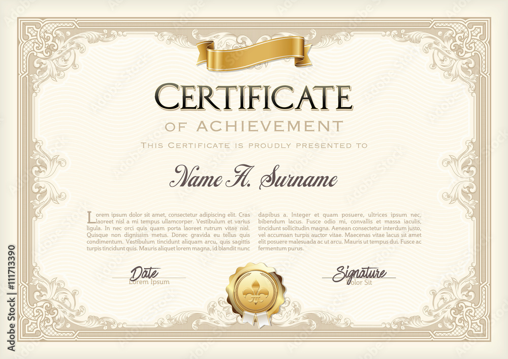 Certificate of Recognition Vintage Frame with Gold Ribbon. Landscape ...
