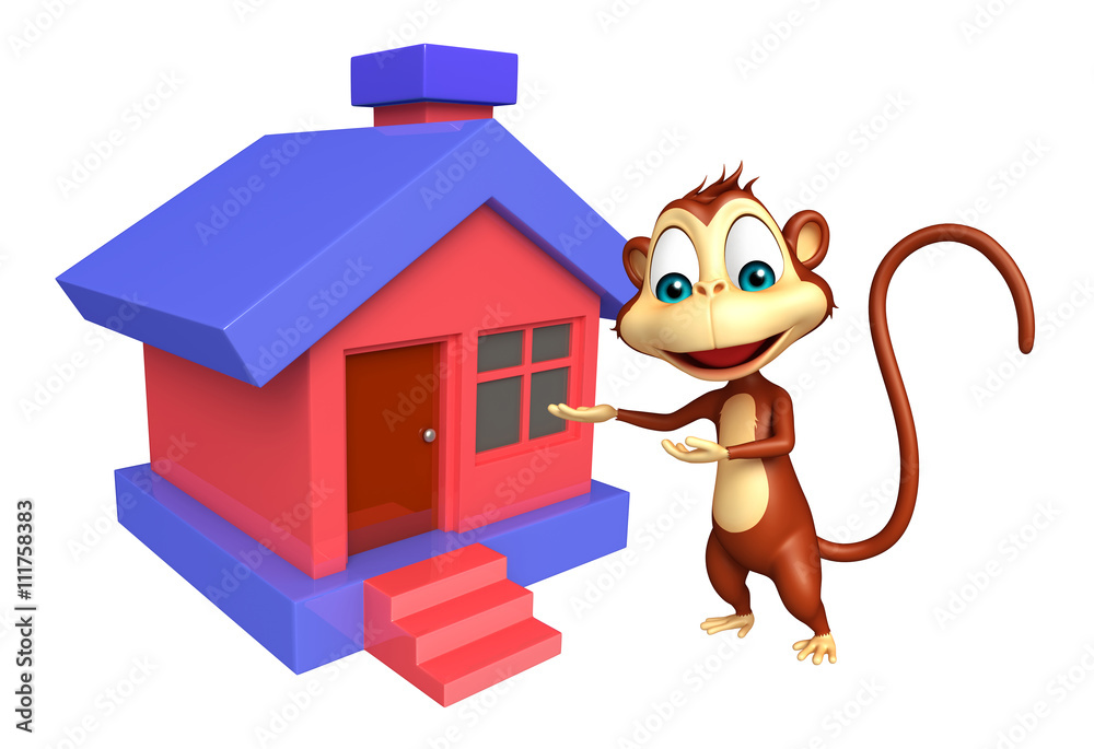 fun Monkey cartoon character with home Stock Illustration | Adobe Stock