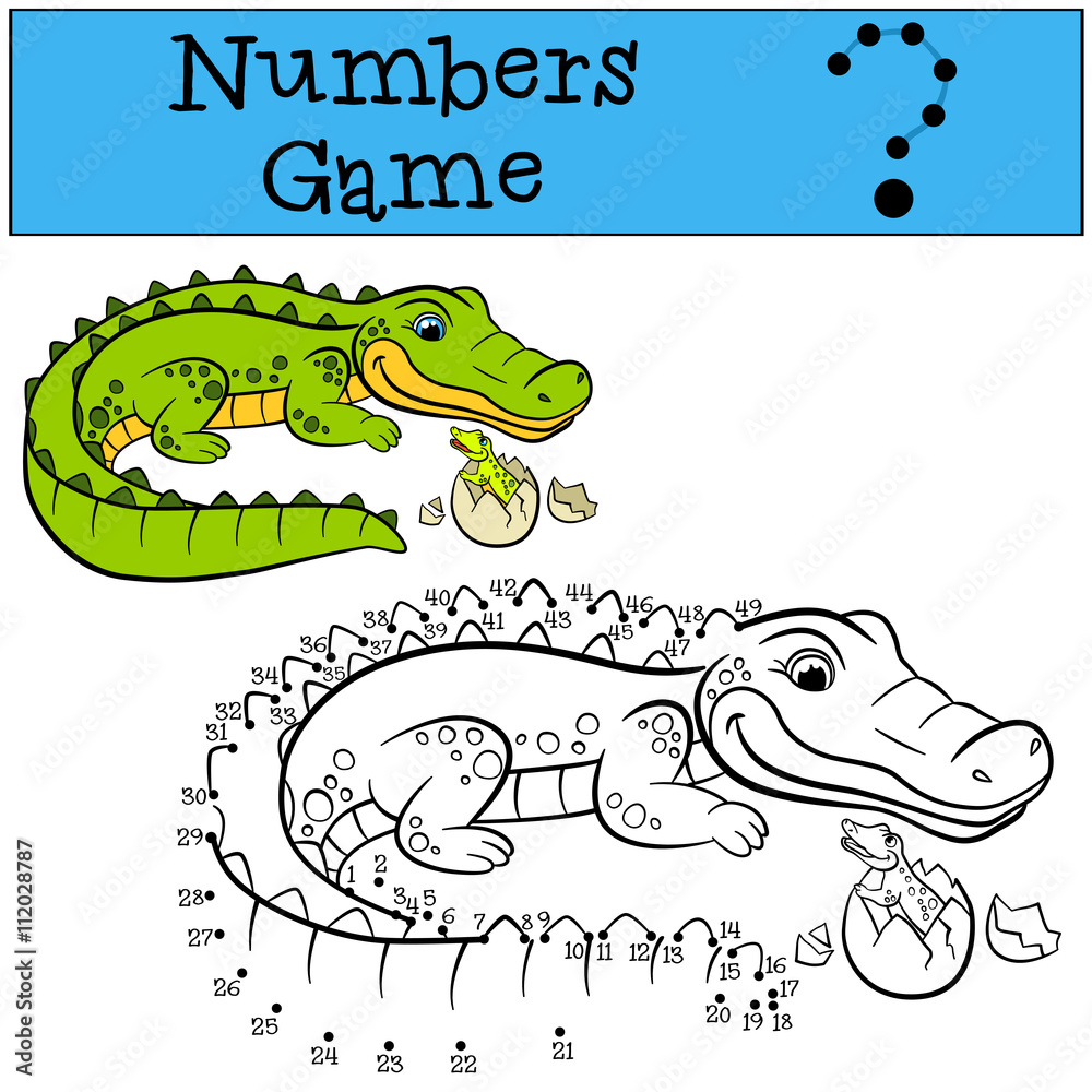 Educational games for kids: Numbers game. Mother alligator with her little cute baby alligator ...
