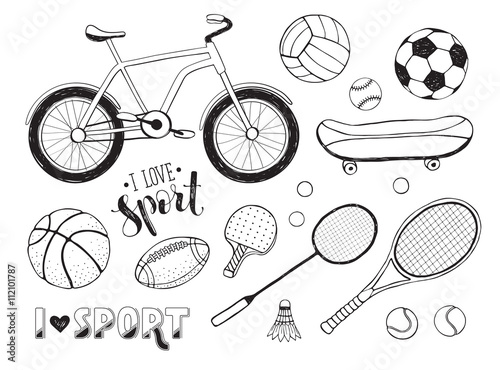 Collection of vector sport equipment. Doodle sport items illustration ...