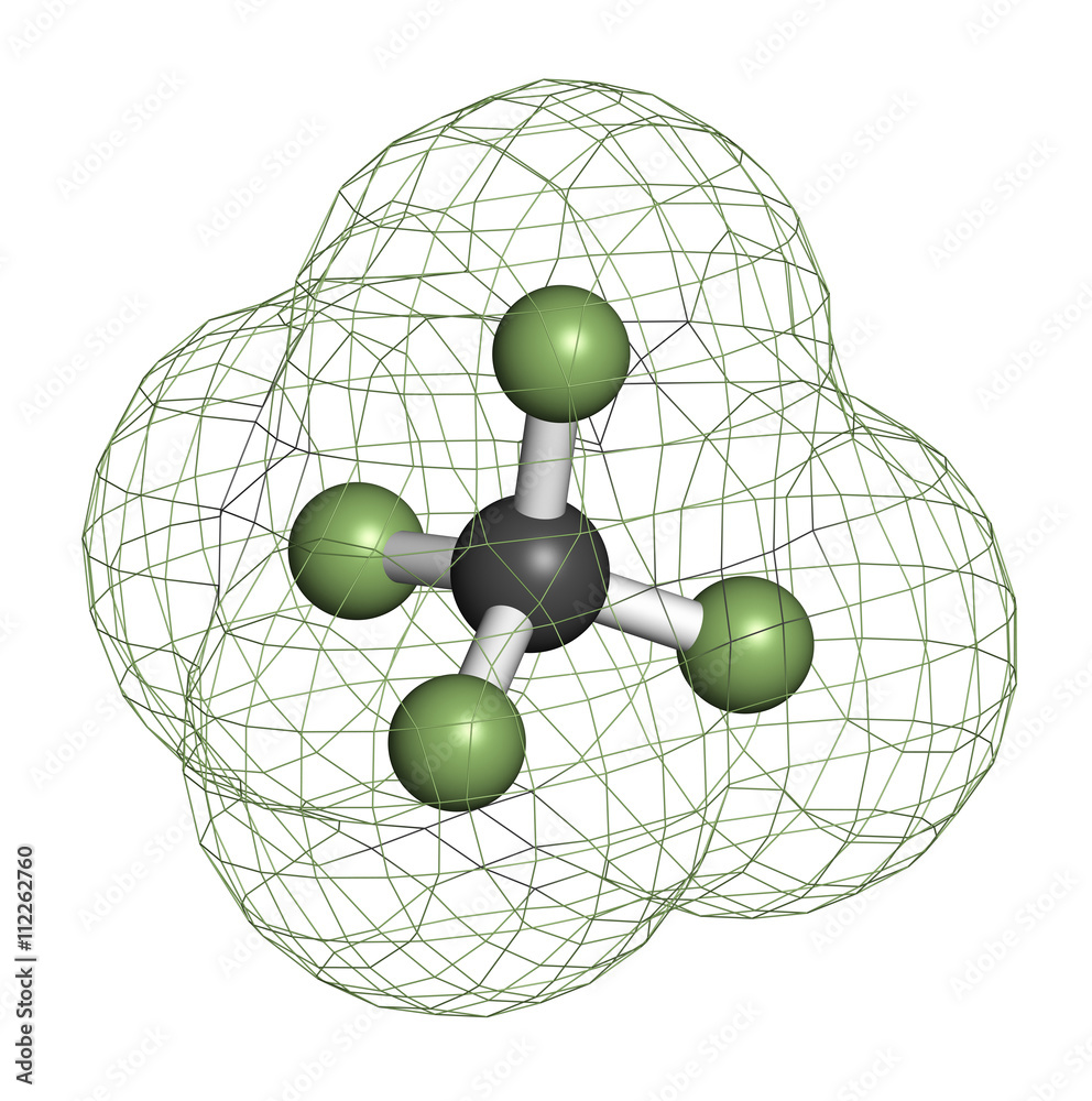 Tetrafluoromethane (carbon tetrafluoride, CF4) greenhouse gas molecule ...
