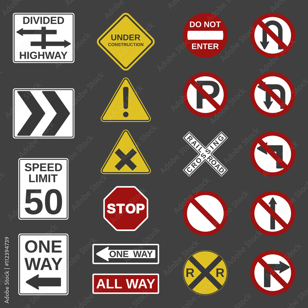 Vector 20 road signs collection. "Stop", "No parking", "One Way","All ...