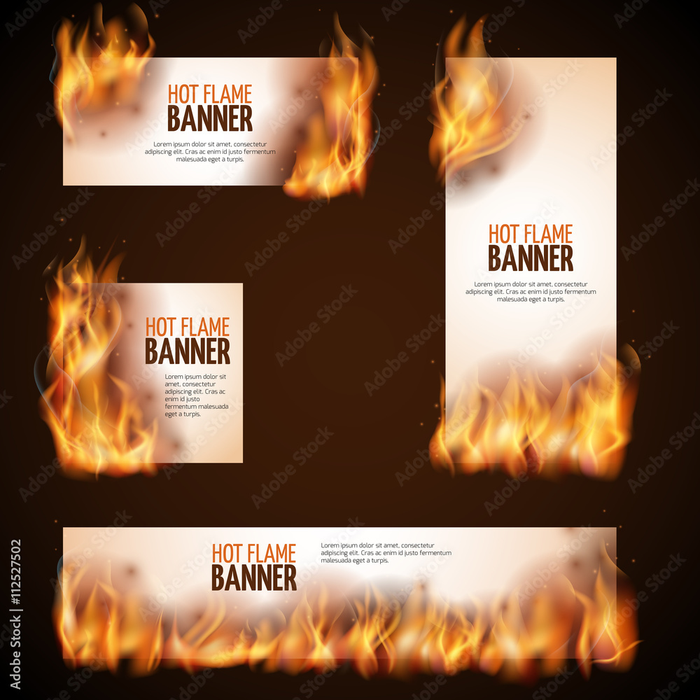 Burning campfire with hot flame vector banners. Paper advertising burn ...