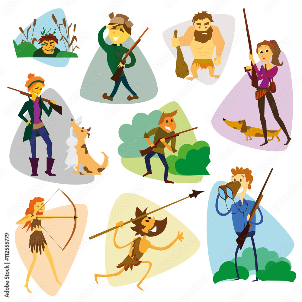 Funny cartoon hunters set. Hunter cartoon set. Different characters ...