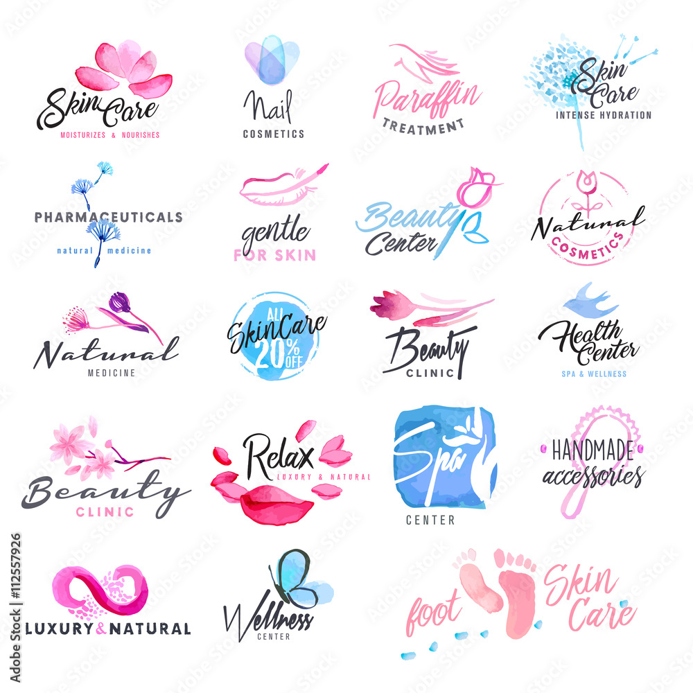 Set of hand drawn watercolor signs for beauty, healthy life and ...