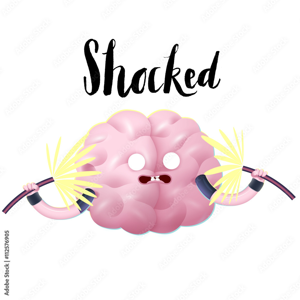 Shocked brain holding two sparking electrical cables cartoon ...