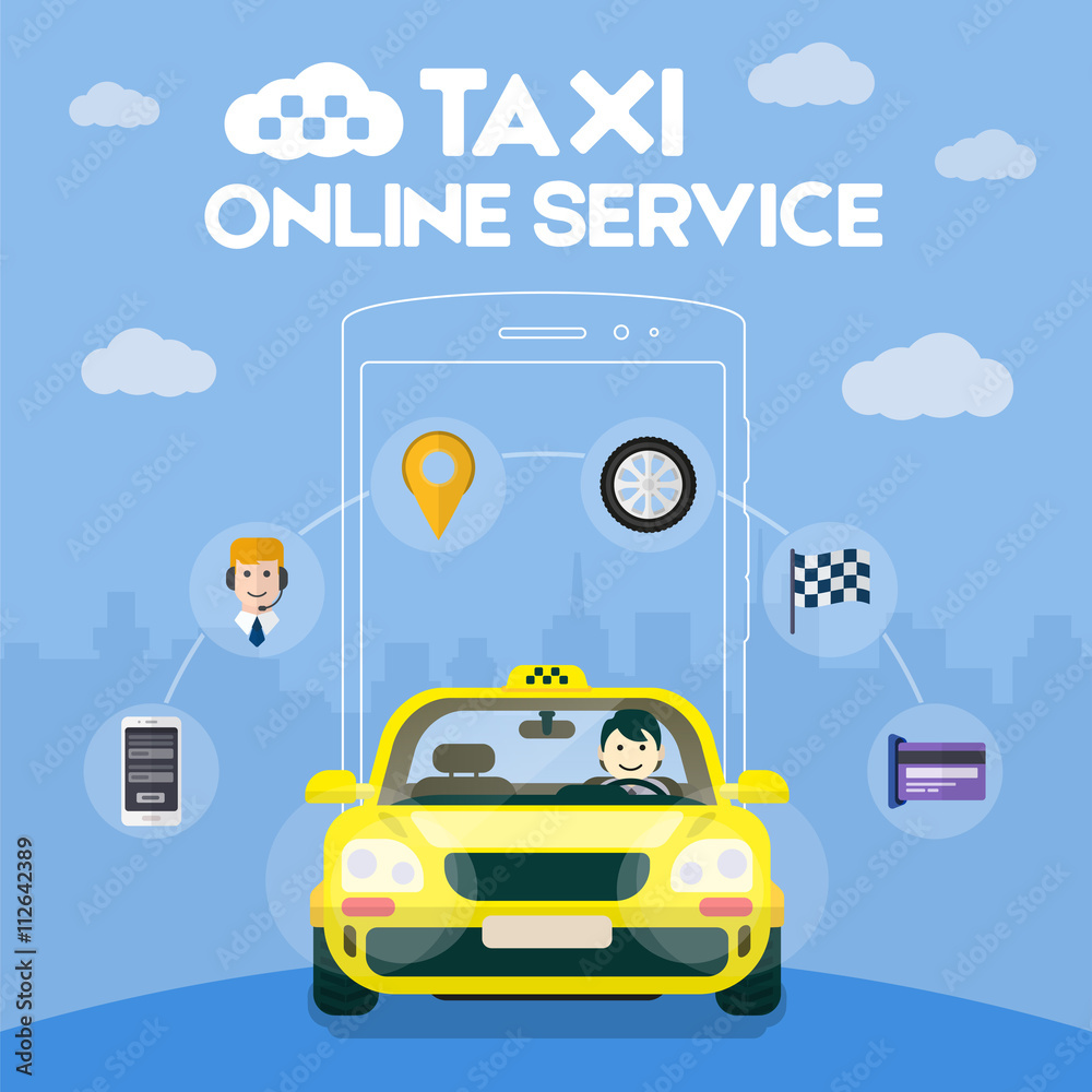Taxi service. Flat icon taxi service. Flat yellow taxi with a driver ...