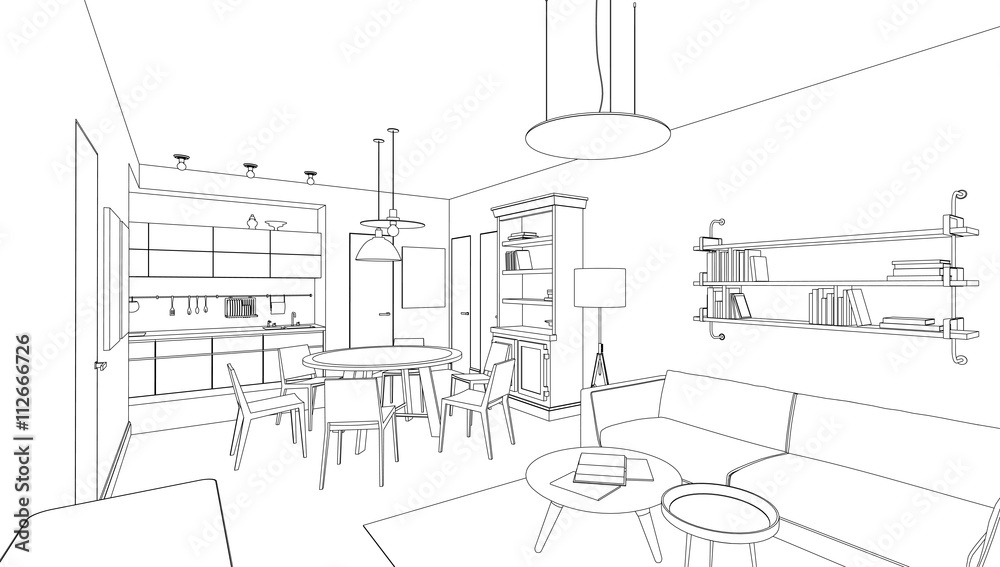Interior line drawing Stock Vector | Adobe Stock