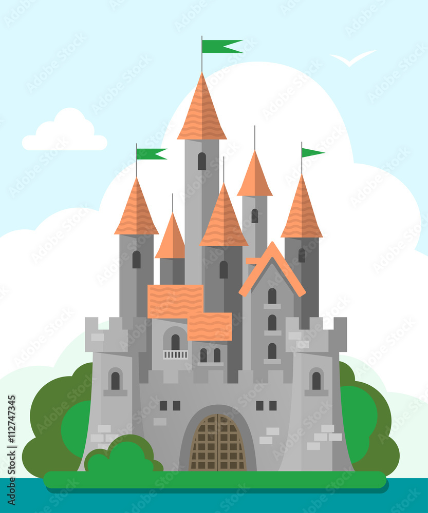 Grey castle with red roof in a flat style on white background. The ...