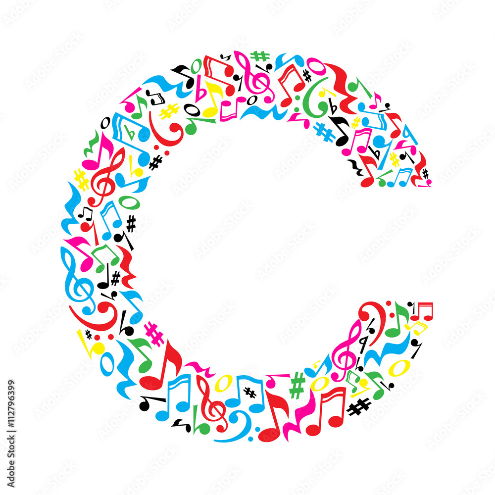 C letter made of colorful musical notes on white background. Alphabet ...