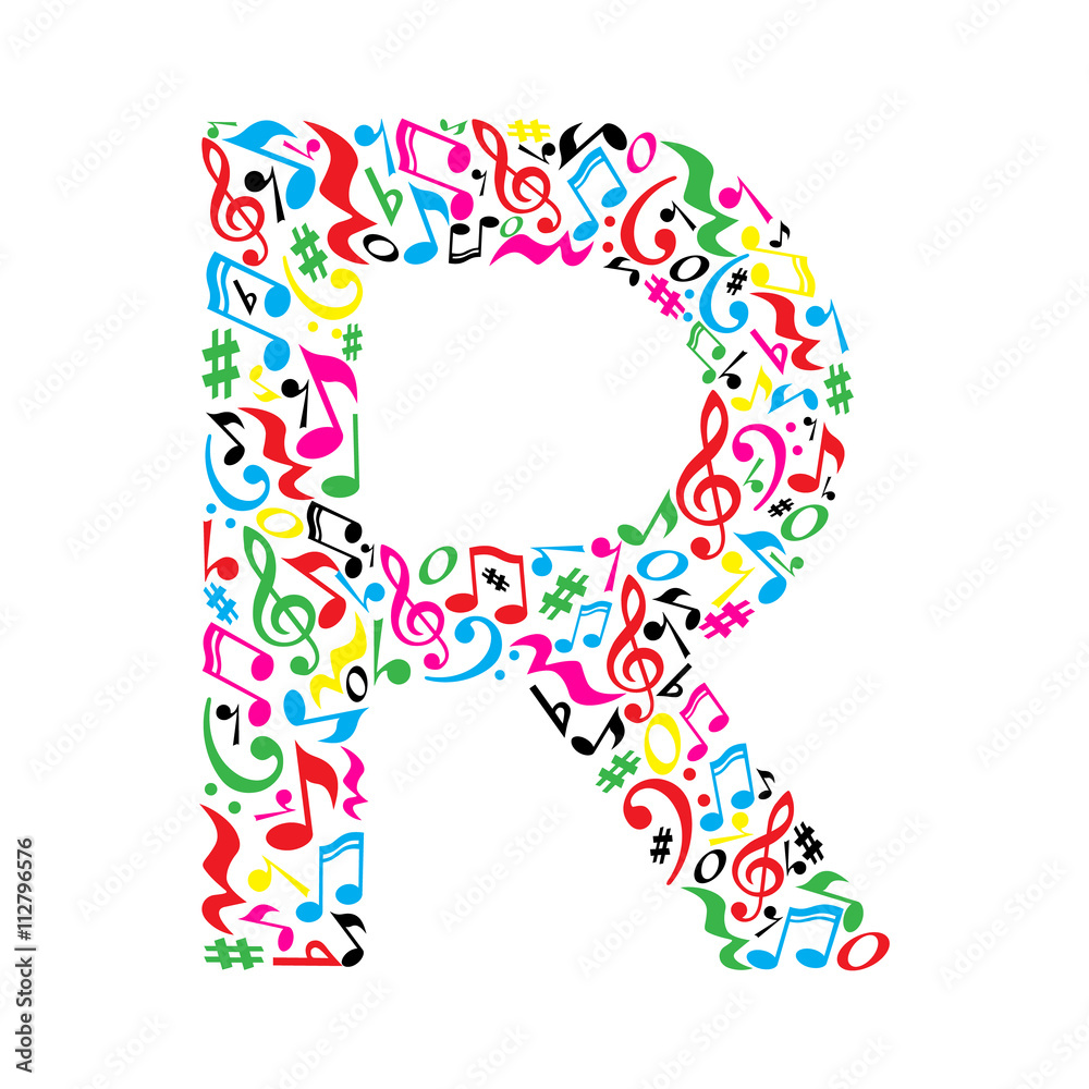 R letter made of colorful musical notes on white background. Alphabet ...