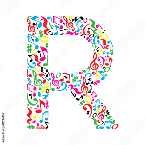 R letter made of colorful musical notes on white background. Alphabet ...