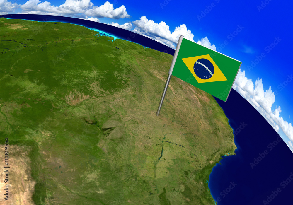 Flag marker over country of Brazil on world map 3D rendering, parts of ...