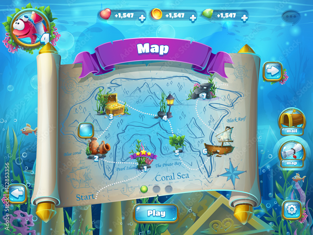 Atlantis ruins with fish rocket - level game map Stock Vector | Adobe Stock