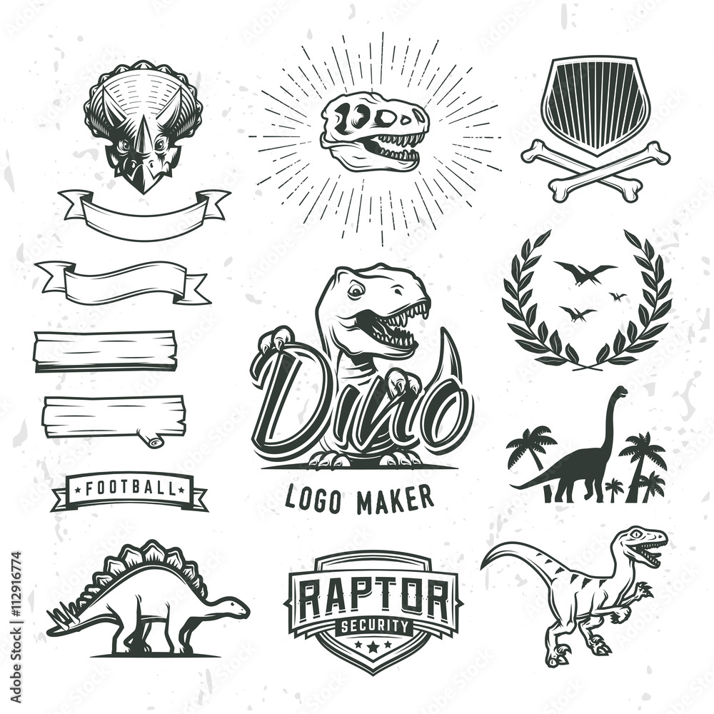 Dino logo maker set. Dinosaur logotype creator. Vector T-rex banner ...