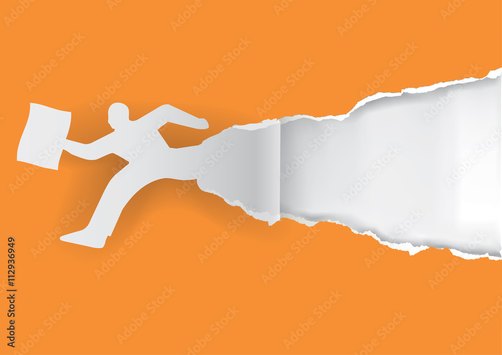 Running man with paper. Paper man silhouette ripping orange paper with ...