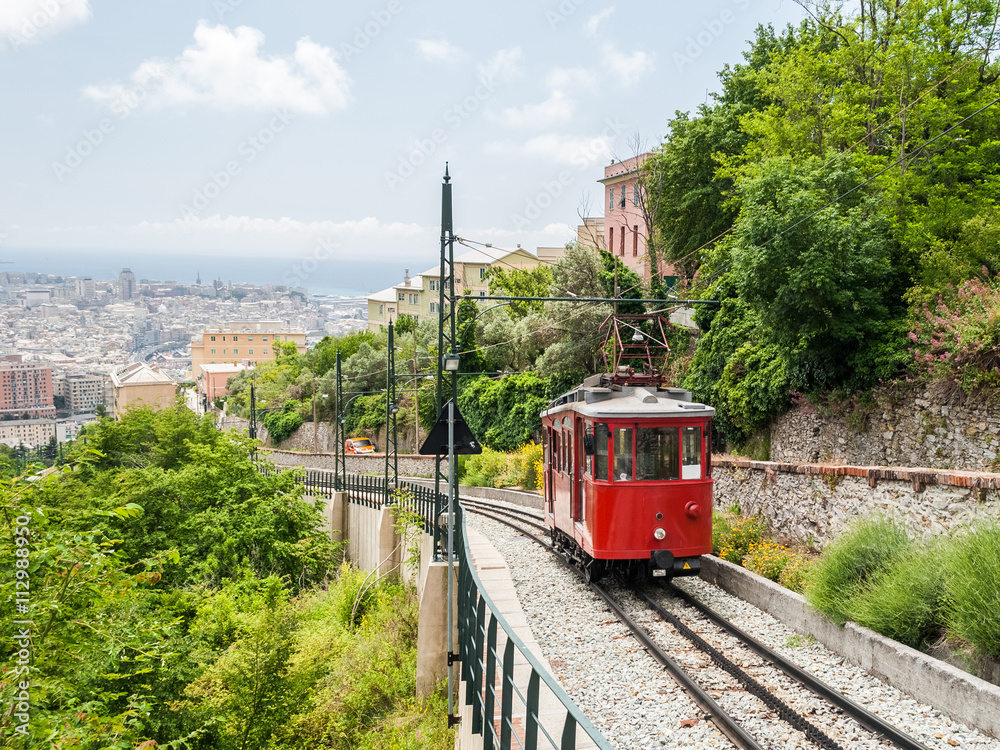 The wagon of an old rack railway connecting the city center of Genoa ...
