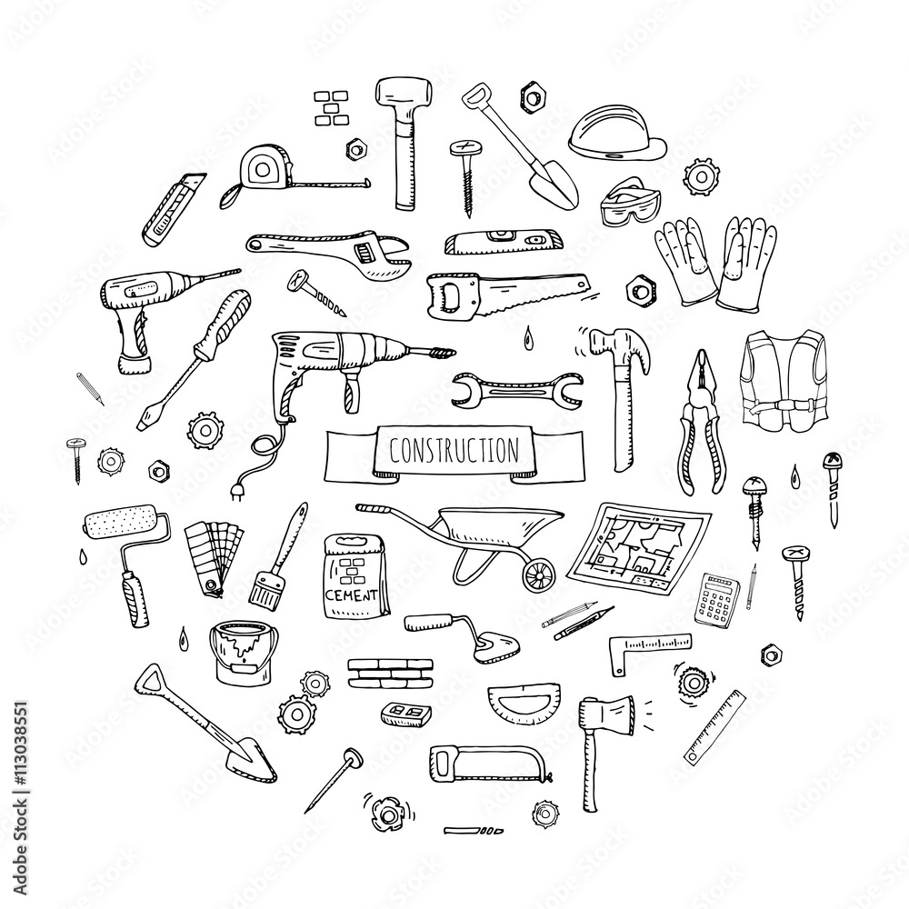 Hand drawn doodle Construction tools set Vector illustration building ...