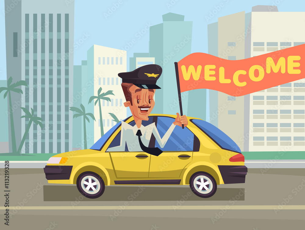 Vector de Stock Welcome Taxi. Greeting taxi. Happy taxi driver. Yellow ...