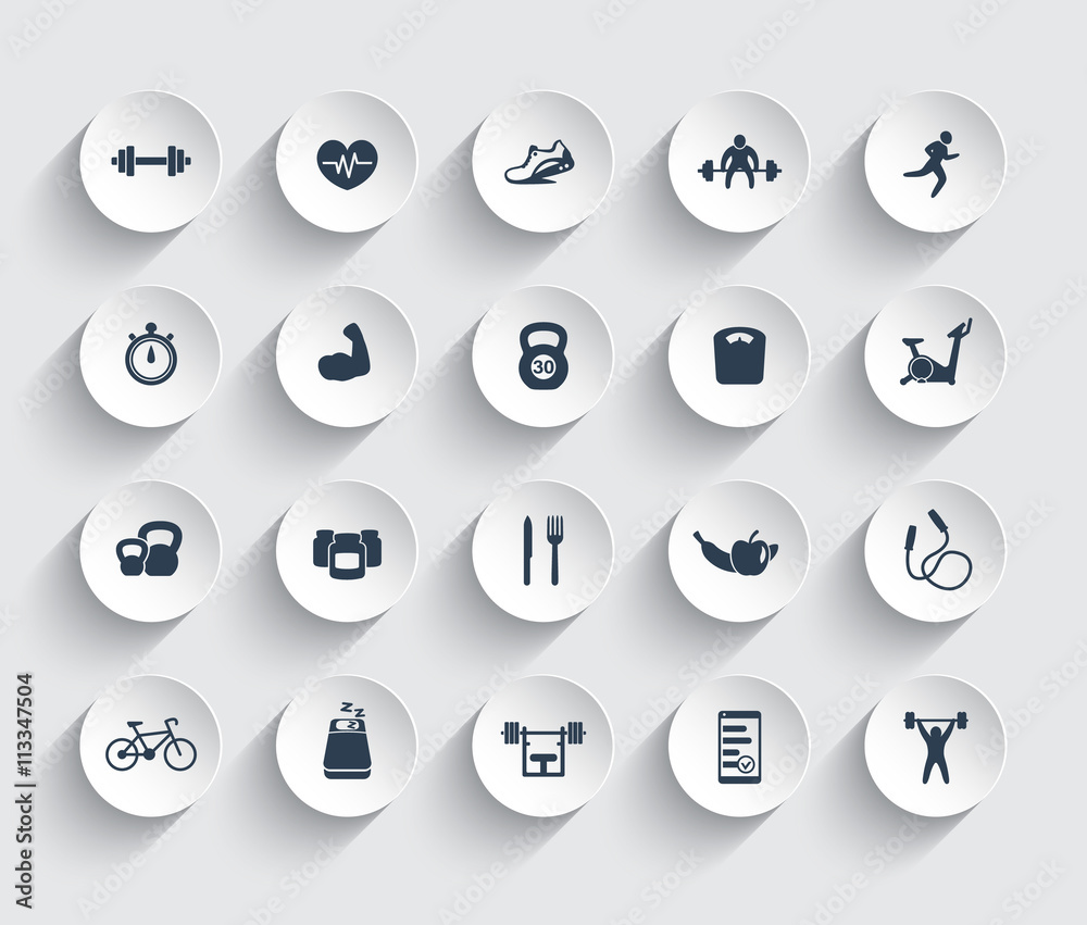 20 fitness icons, gym, workout, training, pictograms, icons on round 3d ...