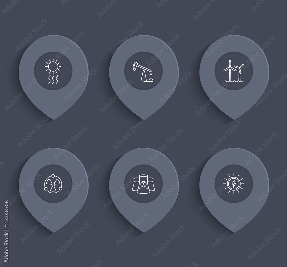 Power, energy production, energetics, electric industry line icons on ...