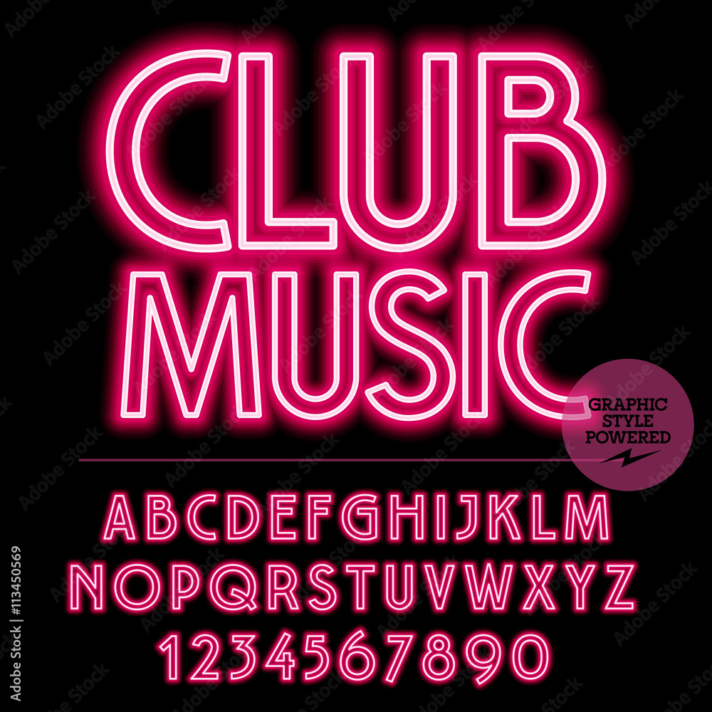 Neon bright set of alphabet letters, numbers and punctuation symbols ...