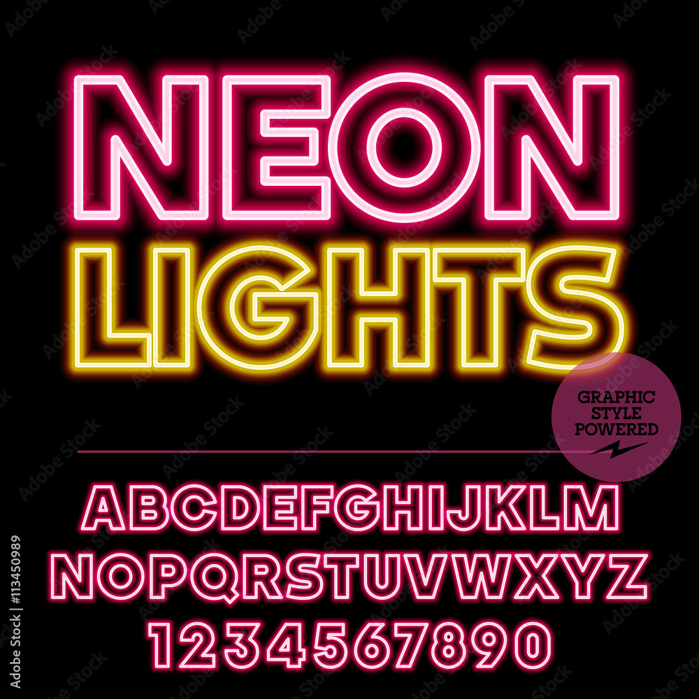 Neon bright set of alphabet letters, numbers and punctuation symbols ...
