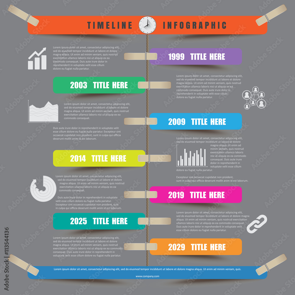 Design template, Timeline Infographic report template hanging on a rope ...