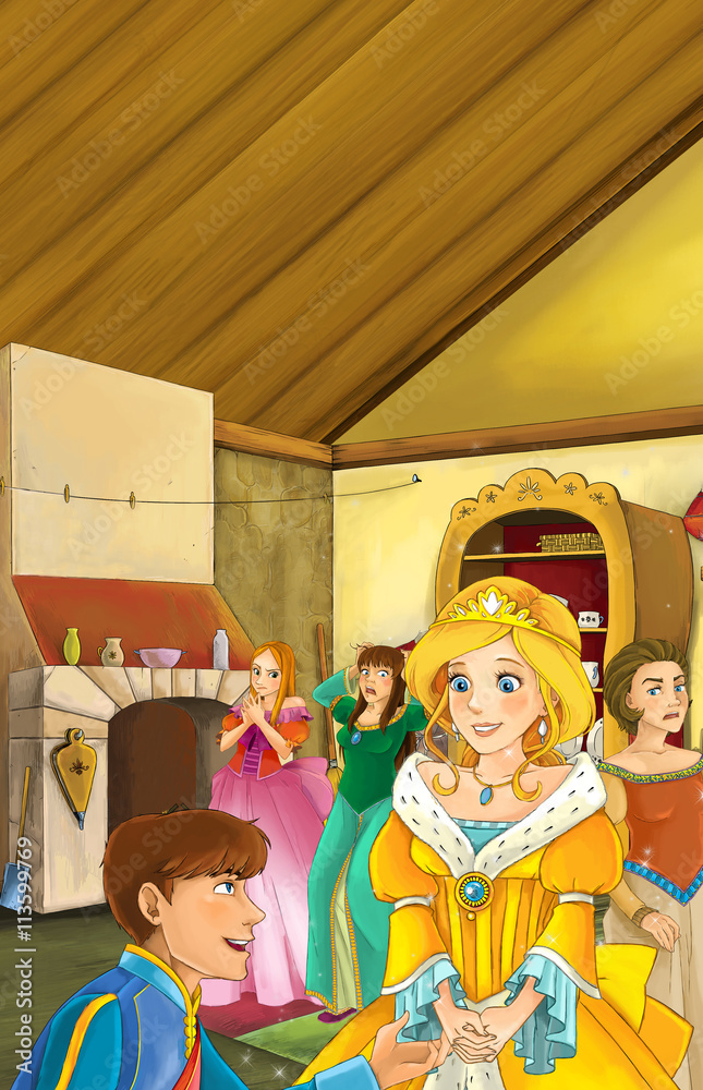 Cartoon scene of man proposing to a woman in the old kitchen ...